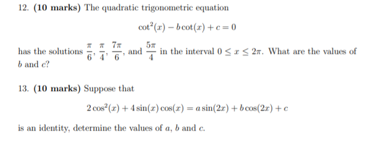 Solved 12. (10 marks) The quadratic trigonometric equation | Chegg.com