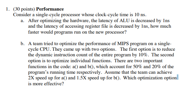 1. (30 points) Performance Consider a single-cycle | Chegg.com