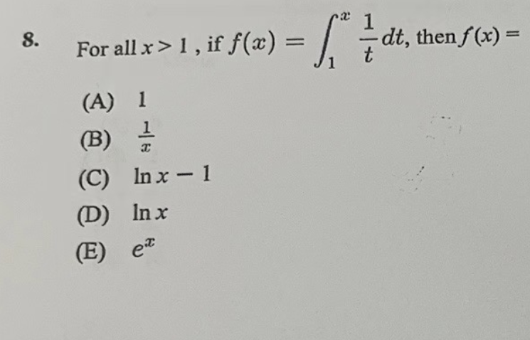 Solved For all x>1, ﻿if f(x)=∫1x1tdt, ﻿then | Chegg.com