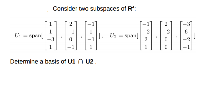 Solved Consider two subspaces of R4: 1 1 -3 2 -1 1 U1 = span | Chegg.com