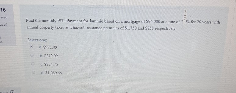 Solved 16 aved ut of Find the monthly PITI Payment for | Chegg.com