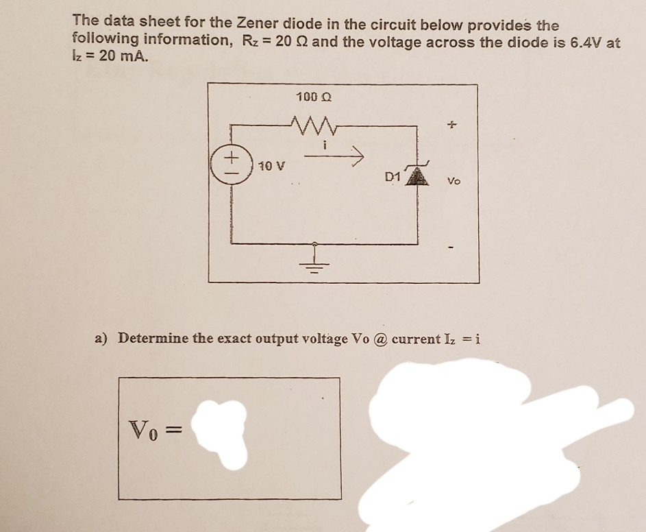Solved The data sheet for the Zener diode in the circuit | Chegg.com
