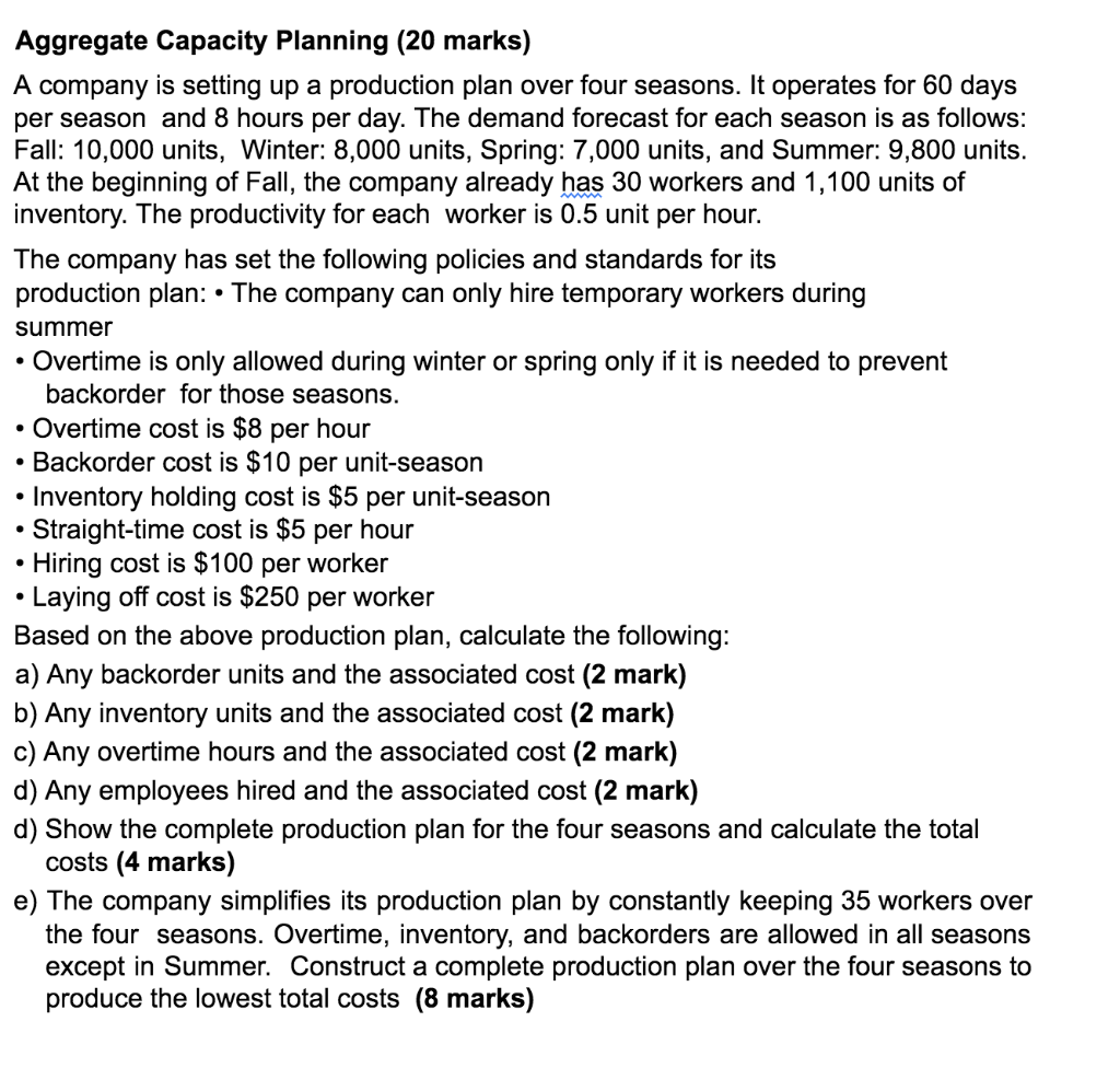 Solved . Aggregate Capacity Planning (20 marks) A company is | Chegg.com