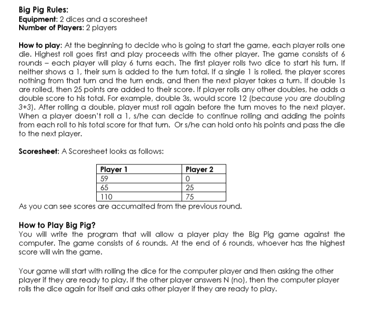 Solved Big Pig Rules: Equipment: 2 dices and a scoresheet | Chegg.com