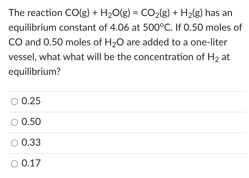 Solved The reaction CO(g)+H2O(g)=CO2( g)+H2( g) has an | Chegg.com