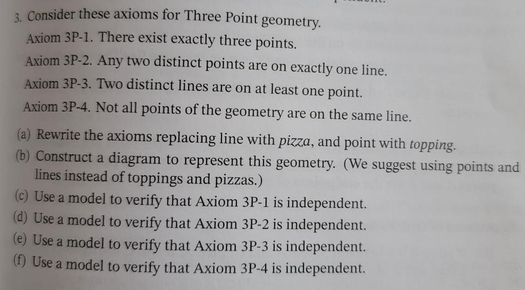 Solved 3. Consider these axioms for Three Point geometry. | Chegg.com