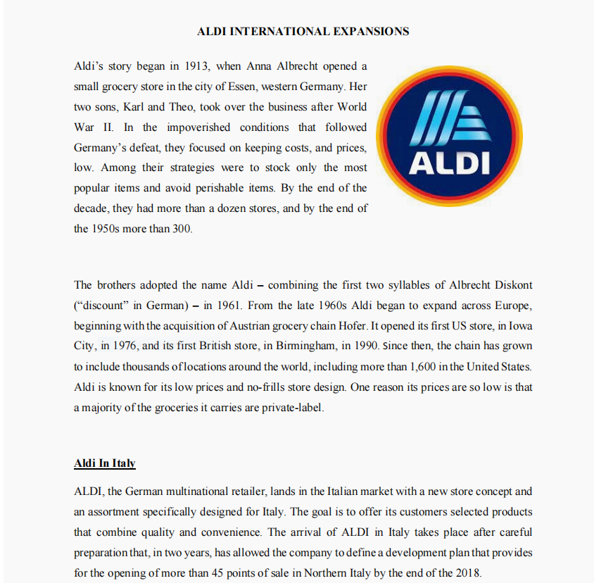 Solved ALDI INTERNATIONAL EXPANSIONS Aldi's story began in | Chegg.com