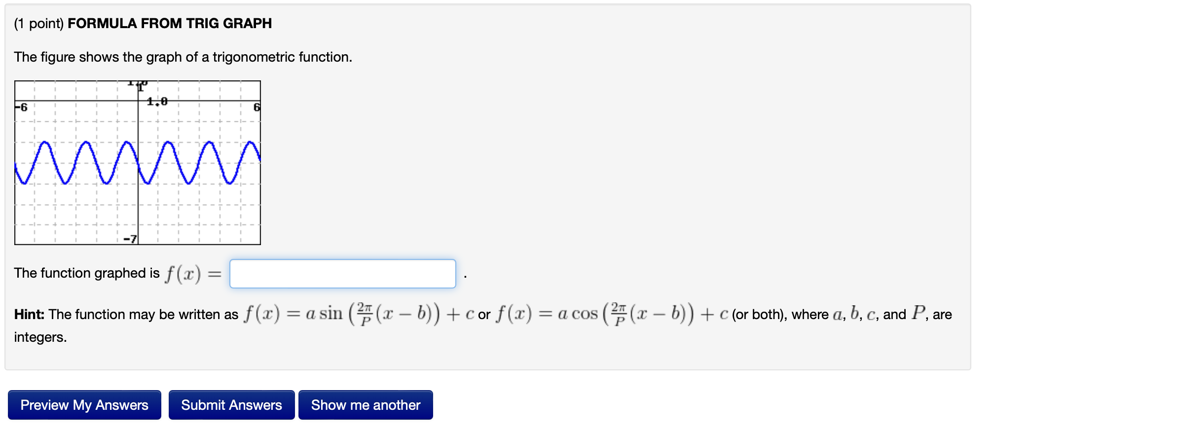 Solved (1 ﻿point) ﻿FORMULA FROM TRIG GRAPHThe figure shows | Chegg.com