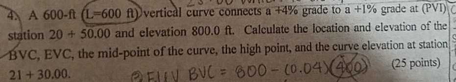 Solved A 600-ft (L 600 ft)vertical curve connects a | Chegg.com