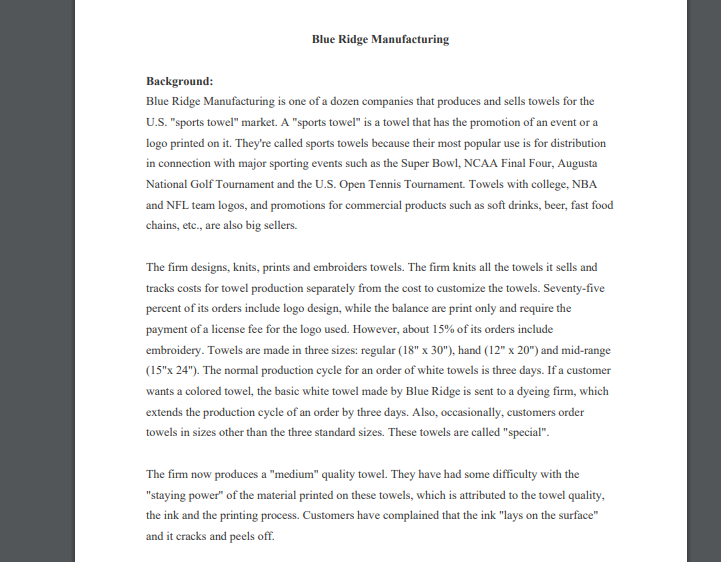 Solved Blue Ridge Manufacturing Background: Blue Ridge | Chegg.com