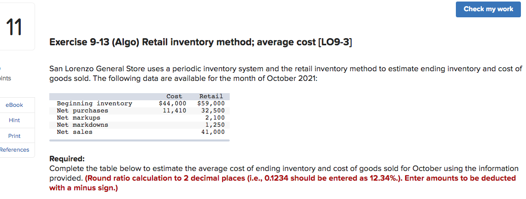 Solved Exercise 9-13 (Algo) Retail inventory method; average | Chegg.com
