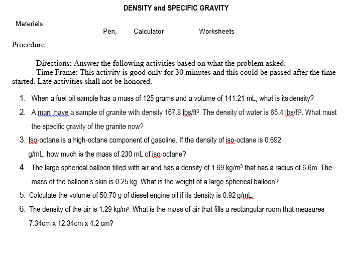 Solved DENSITY and SPECIFIC GRAVITY Materials: Pen, | Chegg.com