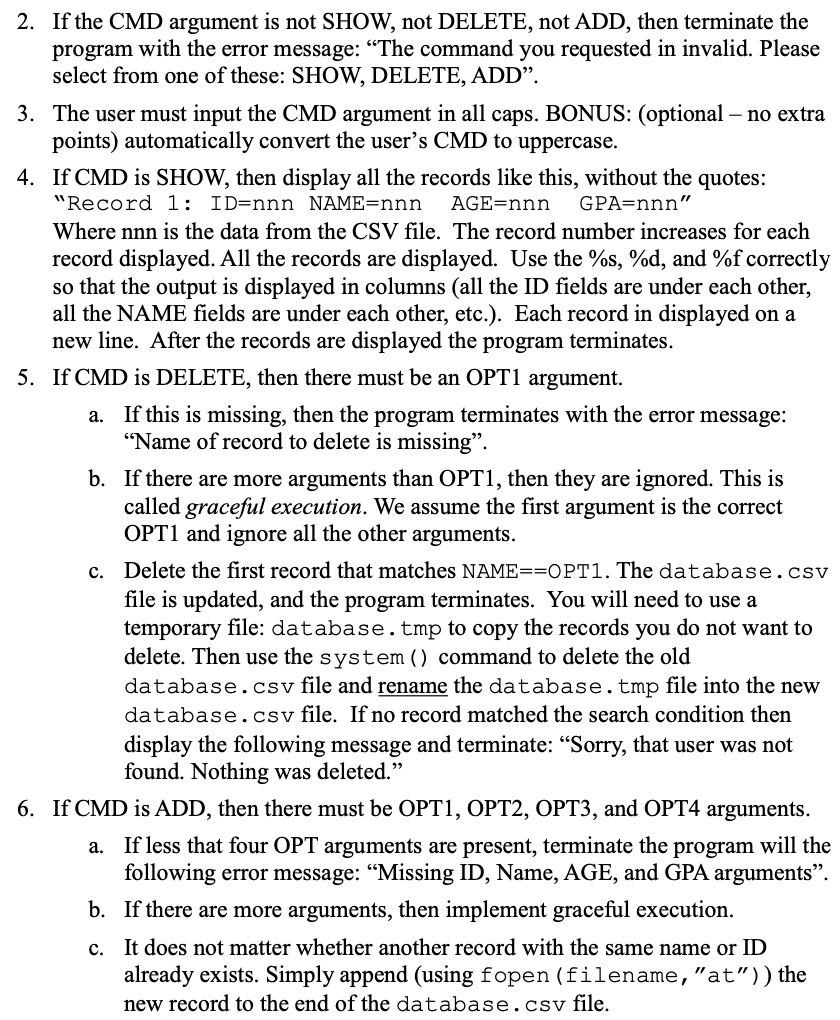 QUESTION Write a C program called: ./database CMD | Chegg.com