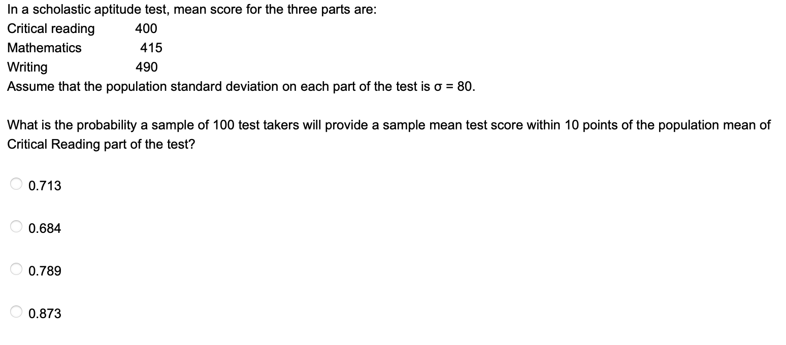 Solved In a scholastic aptitude test, mean score for the | Chegg.com