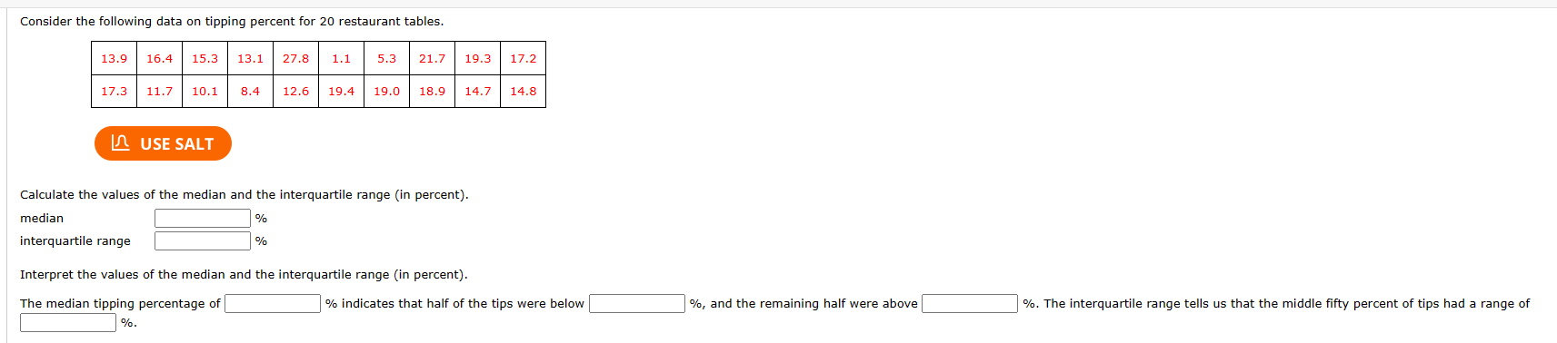 Solved Consider the following data on tipping percent for 20 | Chegg.com