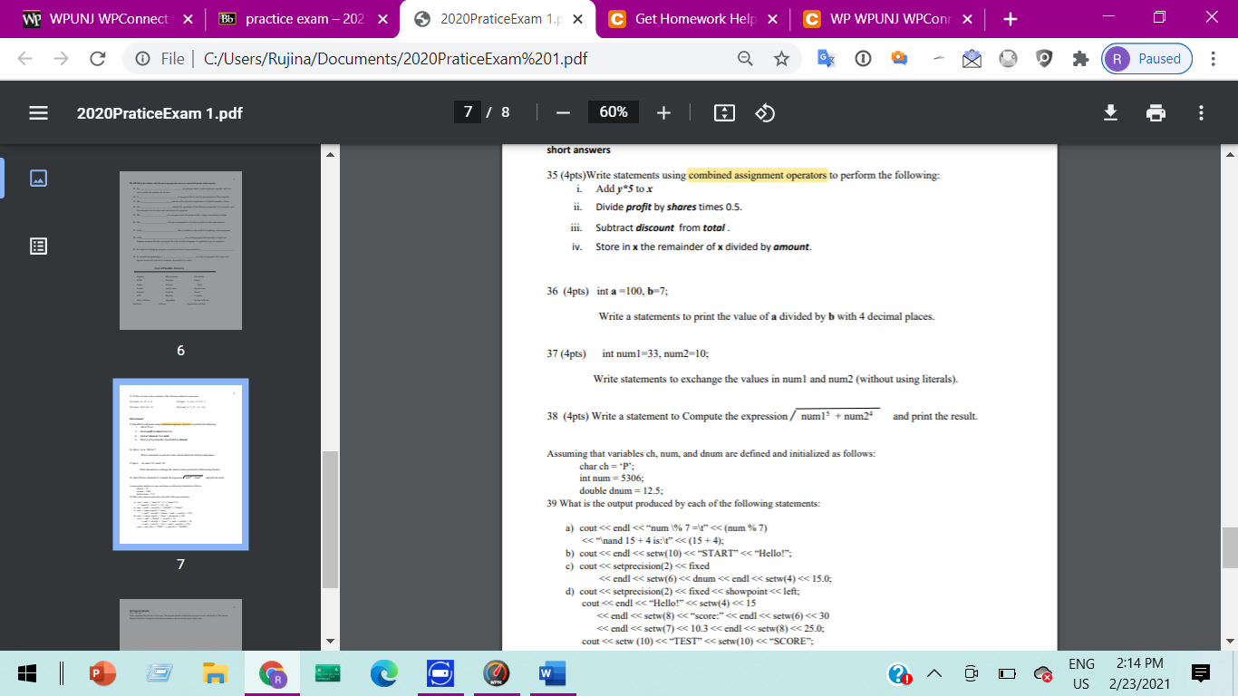 Solved WP WPUNJ WPConnect X Bb practice exam -202 X | Chegg.com