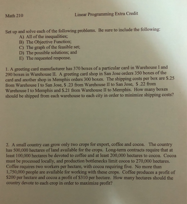 Solved Math 210 Linear Programming Extra Credit Set up and | Chegg.com