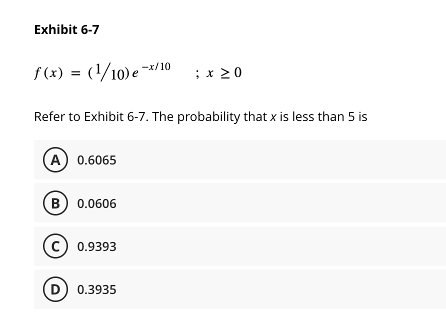 Solved Exhibit 6-7 f(x)=(1/10)e−x/10;x≥0 Refer to Exhibit | Chegg.com