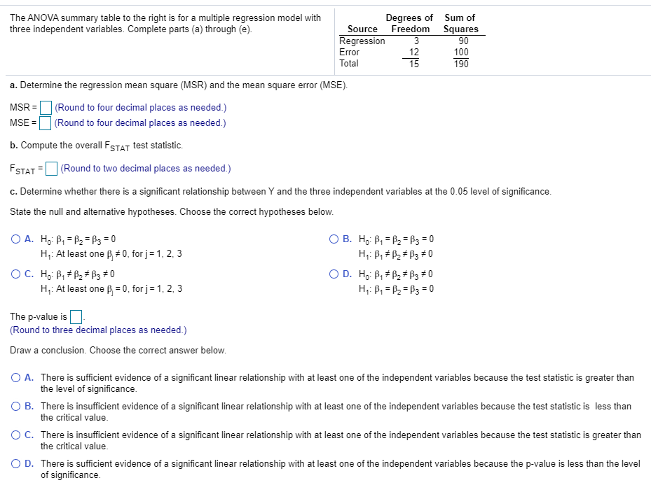 Solved The ANOVA summary table to the right is for a | Chegg.com