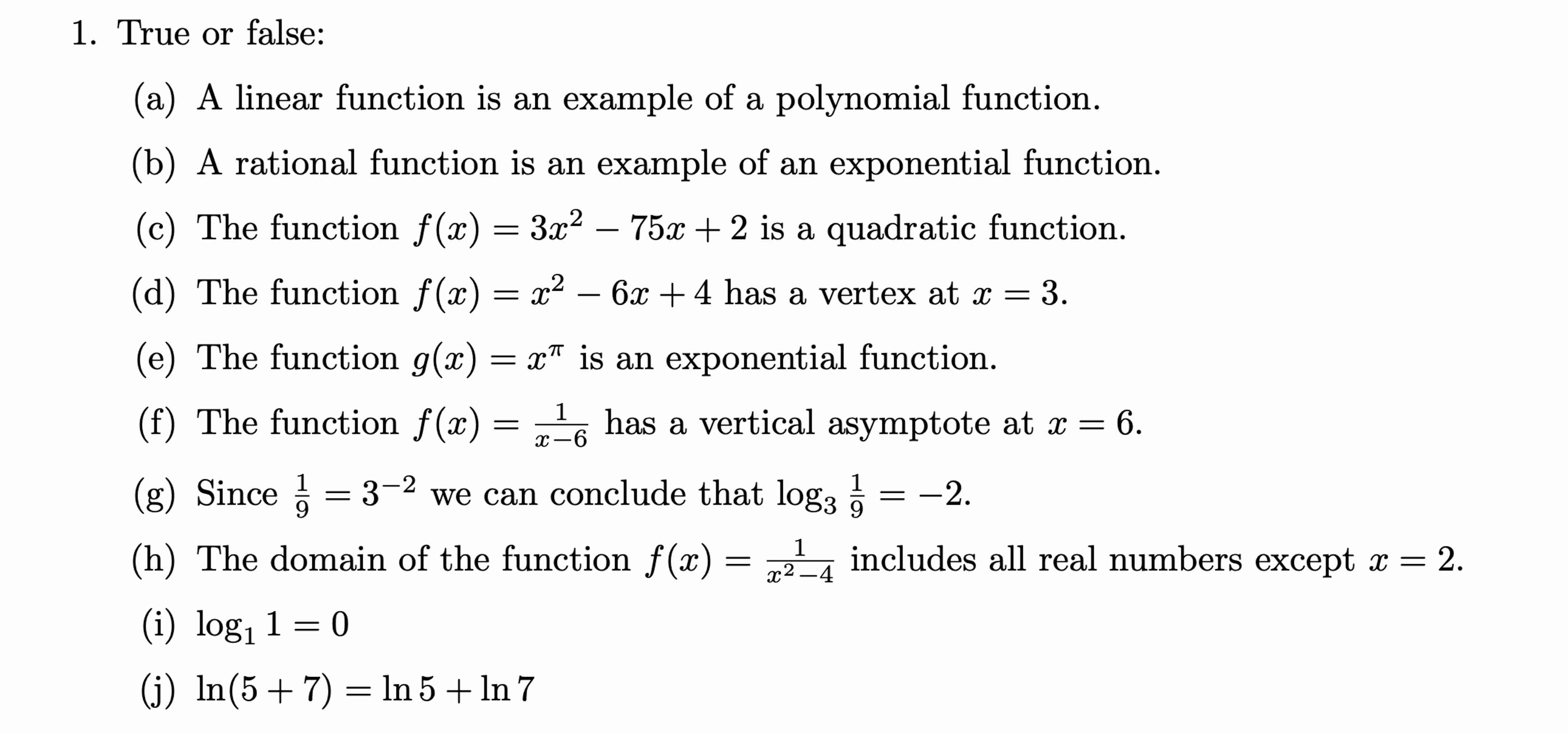 Solved True or false:(a) ﻿A linear function is an example of | Chegg.com