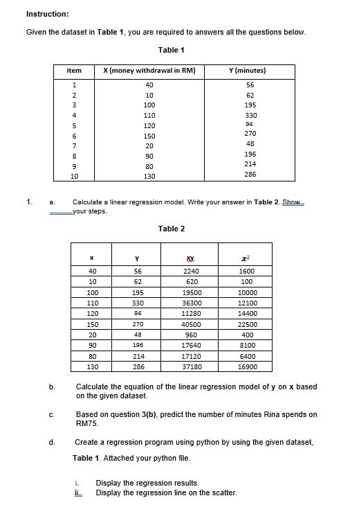 Solved Instruction: Given the dataset in Table 1, you are | Chegg.com