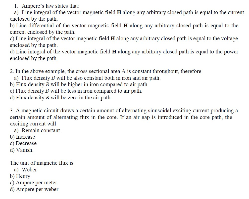 Solved 1. Ampere's law states that: a) Line integral of the | Chegg.com