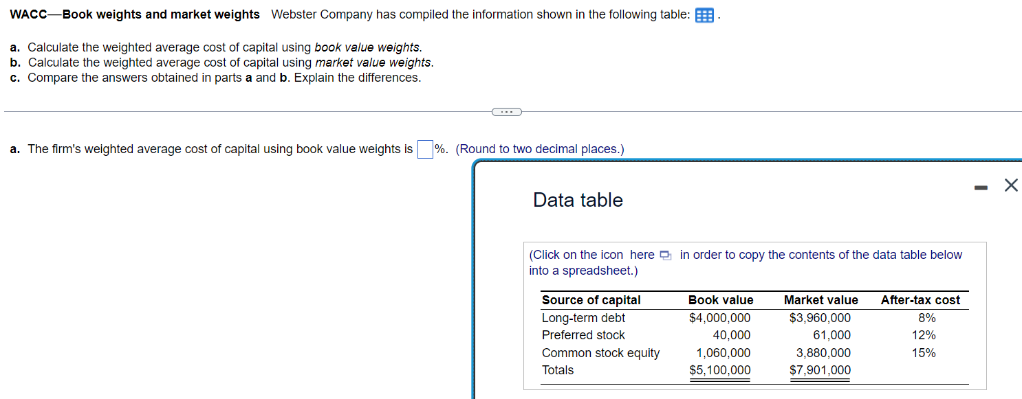 Solved WACC-Book weights and market weights Webster Company | Chegg.com