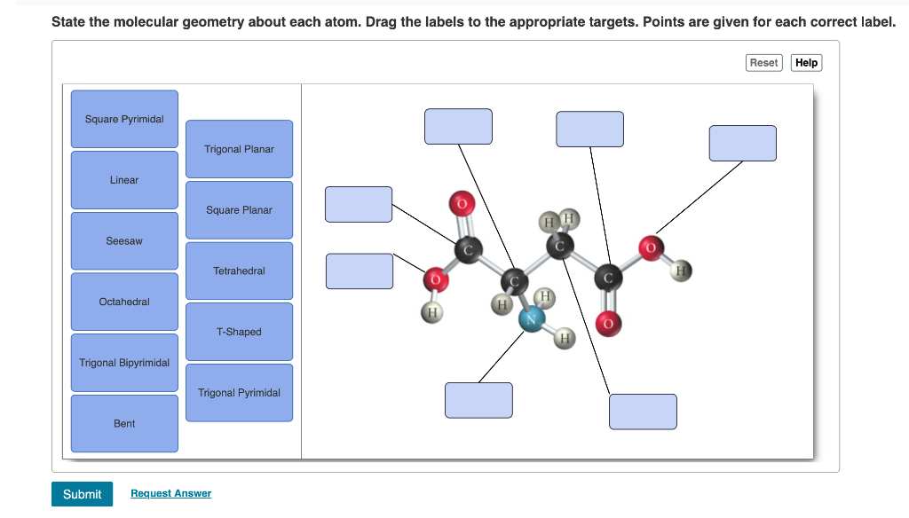Solved State the molecular geometry about each atom. Drag | Chegg.com