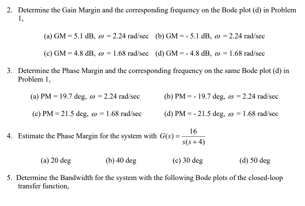 Solved Bode Diagram Frequency (rad/sec) (d)2. Determine the | Chegg.com