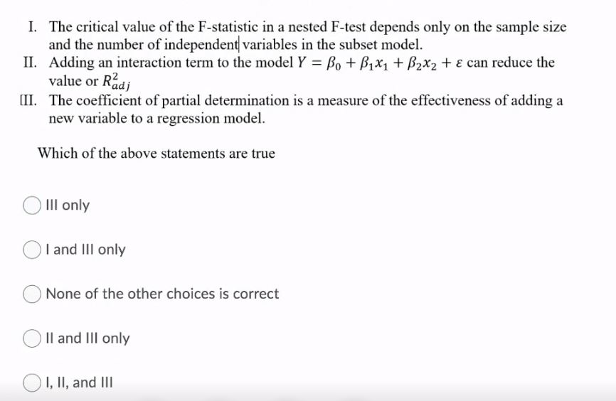 Solved I. The critical value of the F-statistic in a nested | Chegg.com