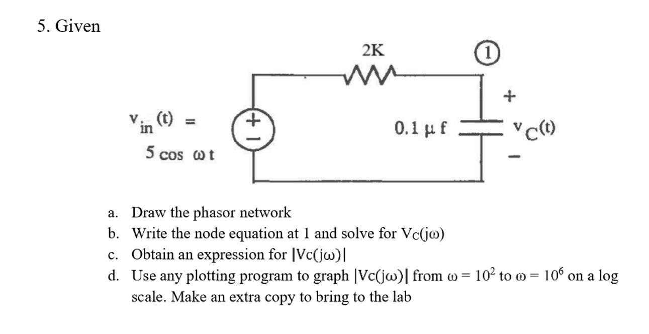 Solved 5. Given 2K 1 Vin(t) = + 0.1 uf "(t) 5 Coswt a. Draw | Chegg.com