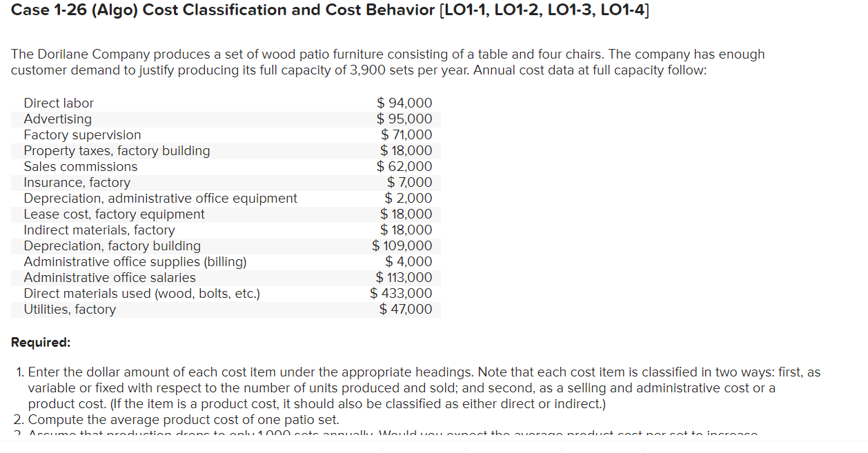 Solved Case 1-26 (Algo) ﻿Cost Classification and Cost | Chegg.com