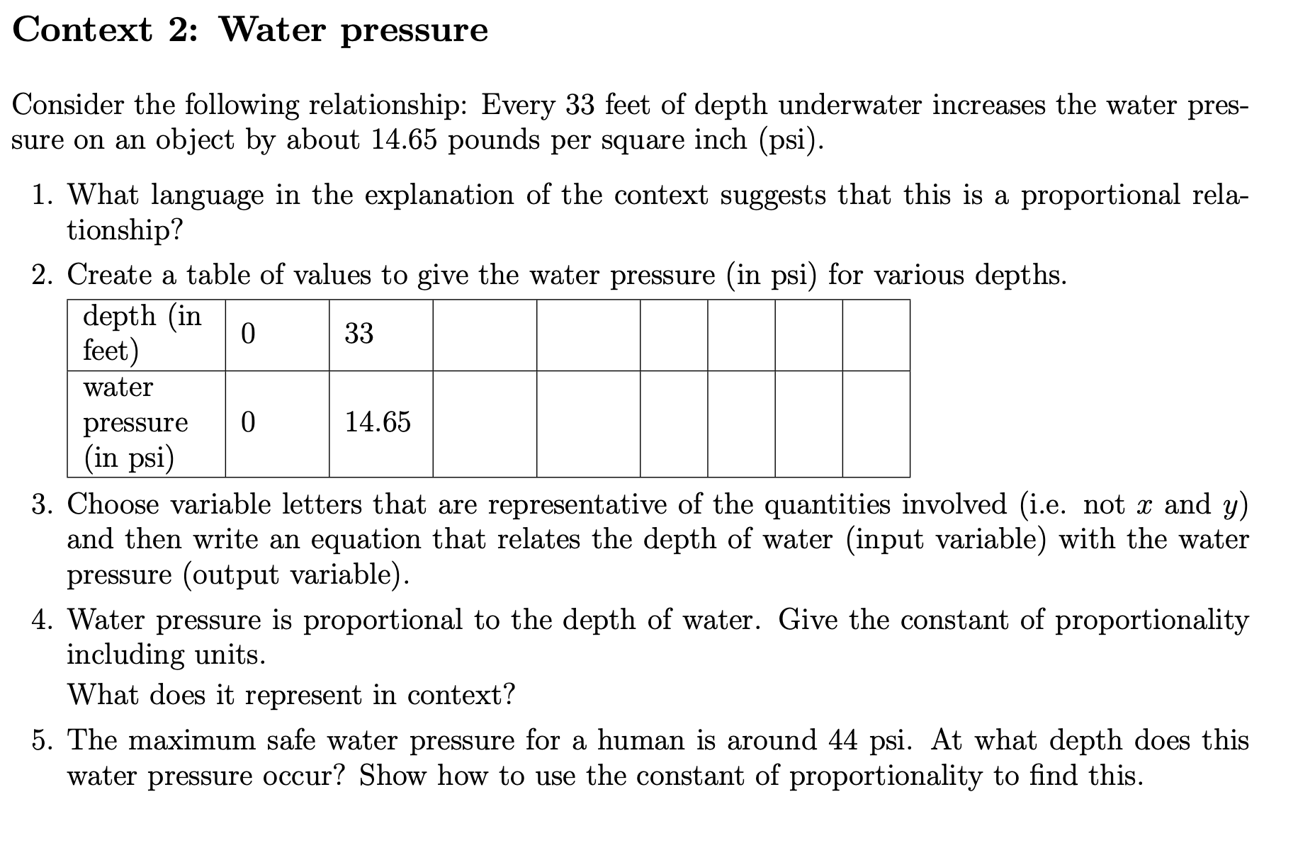 Solved Context 2: Water pressure Consider the following | Chegg.com
