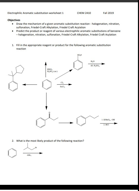 Solved Electrophilic Aromatic substitution worksheet 1 CHEM | Chegg.com