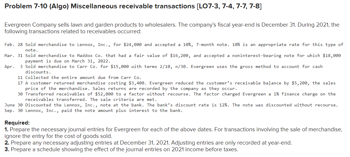 Solved Problem 7-10 (Algo) Miscellaneous receivable | Chegg.com