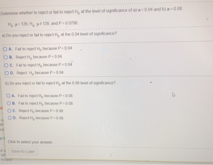 Solved 008. Determine whether to reject or fail to reject Ho | Chegg.com