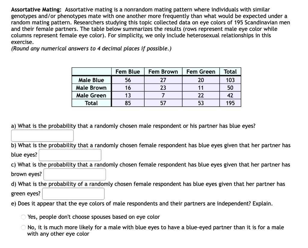 Solved Assortative Mating: Assortative mating is a nonrandom | Chegg.com