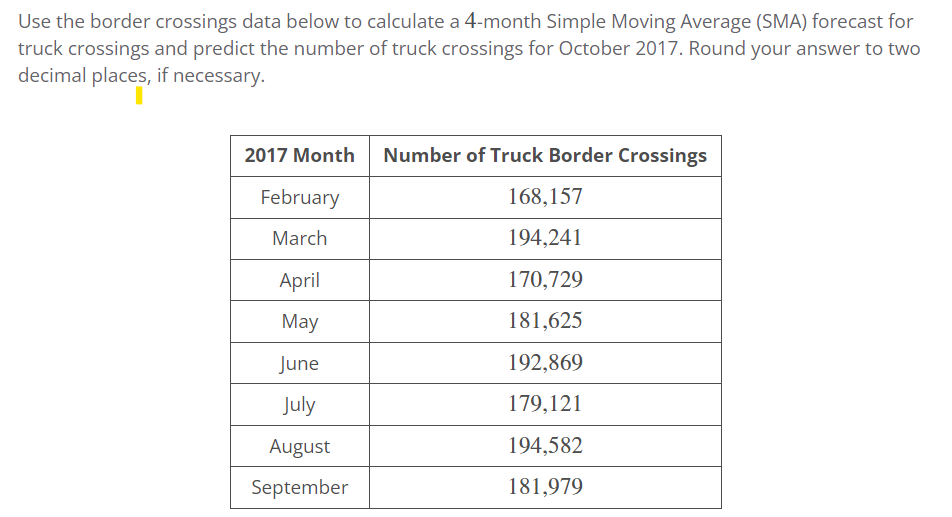 Solved Use the border crossings data below to calculate a | Chegg.com