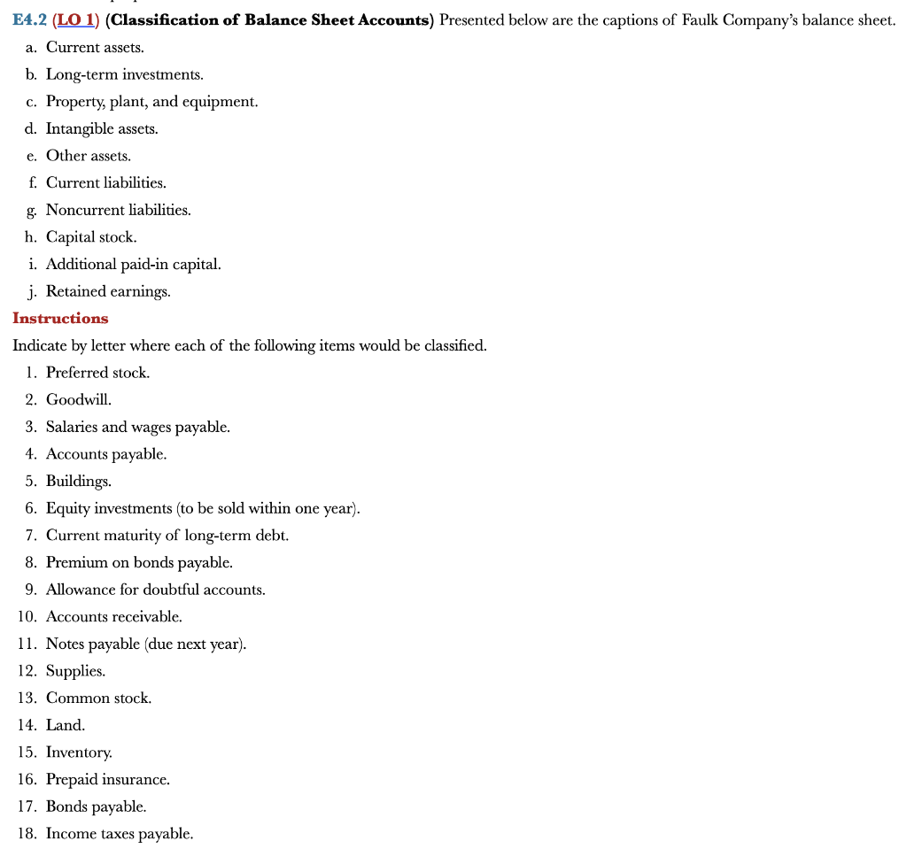Solved E4.2 (LO 1) (Classification of Balance Sheet | Chegg.com