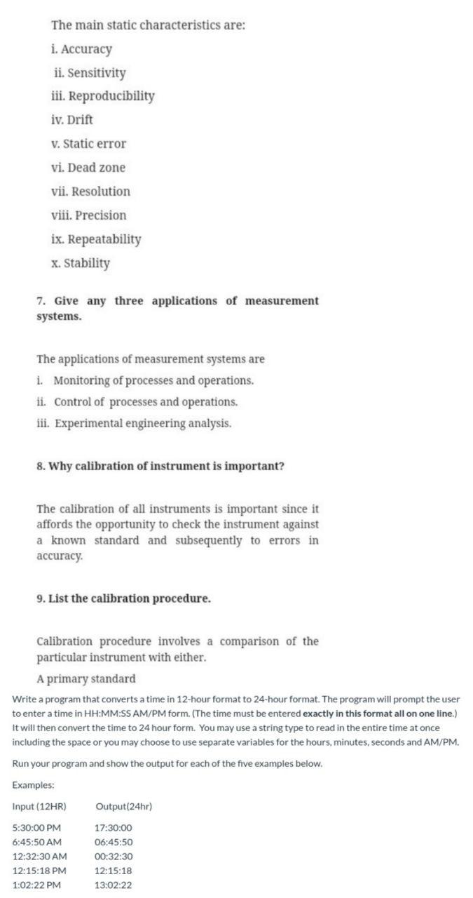 Solved The main static characteristics are: i. Accuracy ii. | Chegg.com