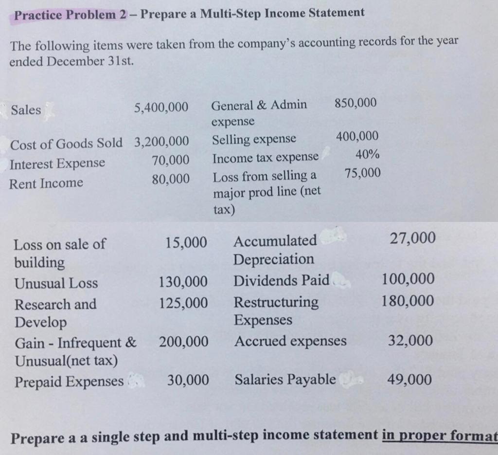 Solved Practice Problem 2 - Prepare a Multi-Step Income | Chegg.com