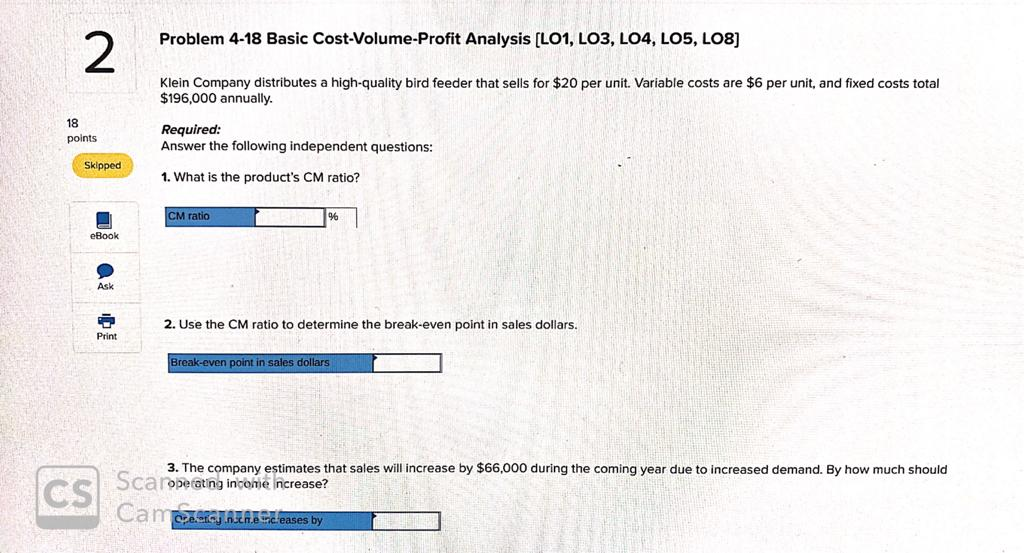 Solved Problem 4-18 Basic Cost-Volume-Profit Analysis (LO1, | Chegg.com