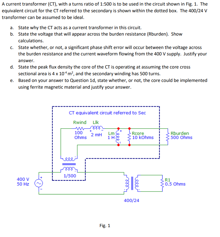 Solved A current transformer (CT), with a turns ratio of | Chegg.com