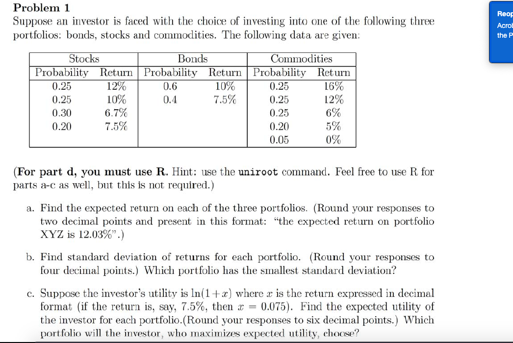 Solved Problem 1 Suppose an investor is faced with the | Chegg.com