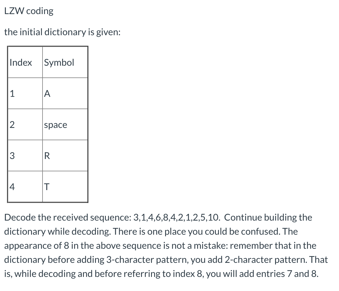 Solved LZW coding the initial dictionary is given: Index | Chegg.com