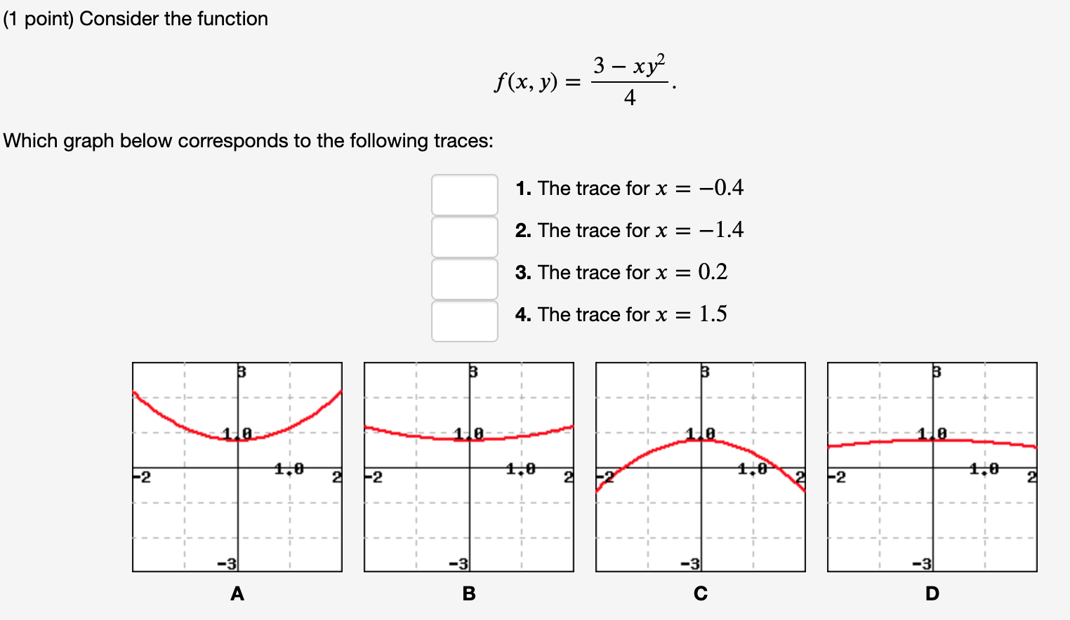 Solved (1 point) Consider the function f(x, y) = 3 – xy2 4 | Chegg.com