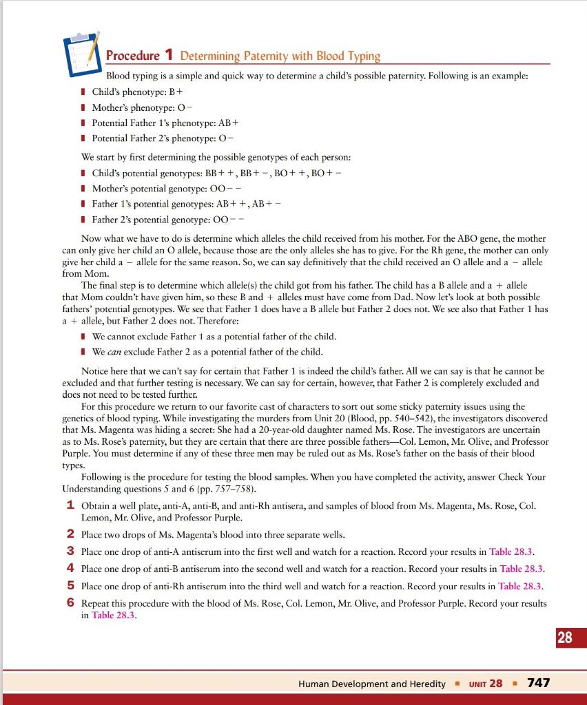 Procedure 1 Determining Paternity with Blood Typing | Chegg.com