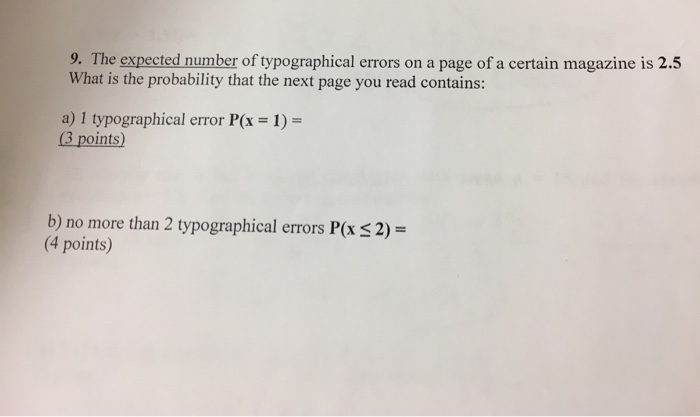 Solved 9. The expected number of typographical errors on a | Chegg.com