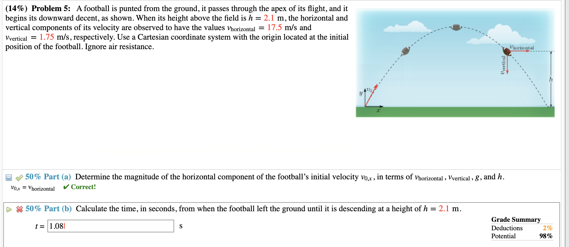 Solved (14\%) Problem 5: A football is punted from the | Chegg.com Solved (14\%) Problem 5: A football is punted from the | Chegg.com