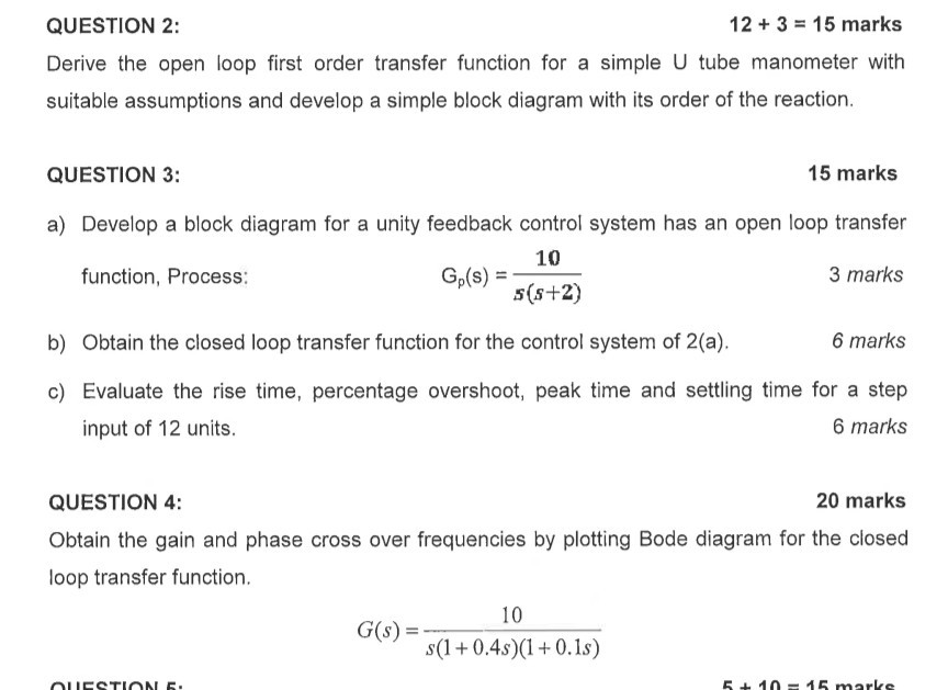 Solved QUESTION 2: 12 + 3 = 15 marks Derive the open loop | Chegg.com